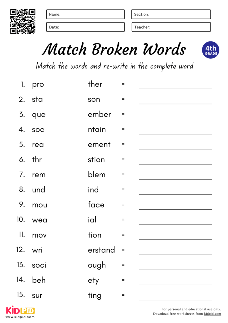 Match & Complete the Broken Words Worksheet for Grade 4 - Kidpid