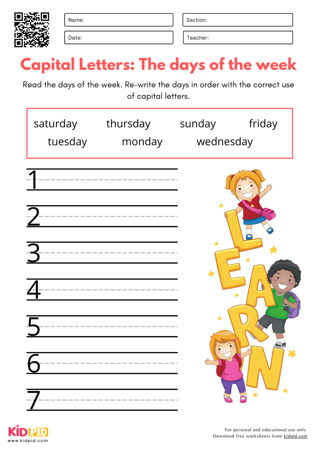 Proper Noun Capitalizations Practice Worksheet for Kindergarten - Kidpid