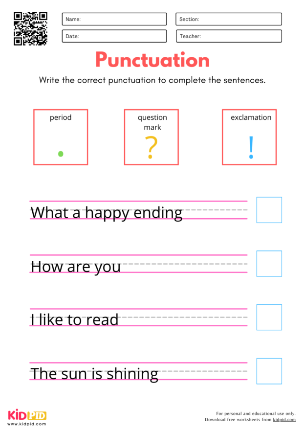 Punctuation Practice Worksheet for Kindergarten - Kidpid