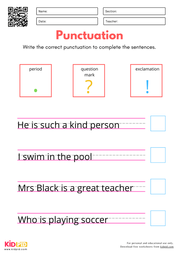 Punctuation Practice Worksheet for Kindergarten - Kidpid