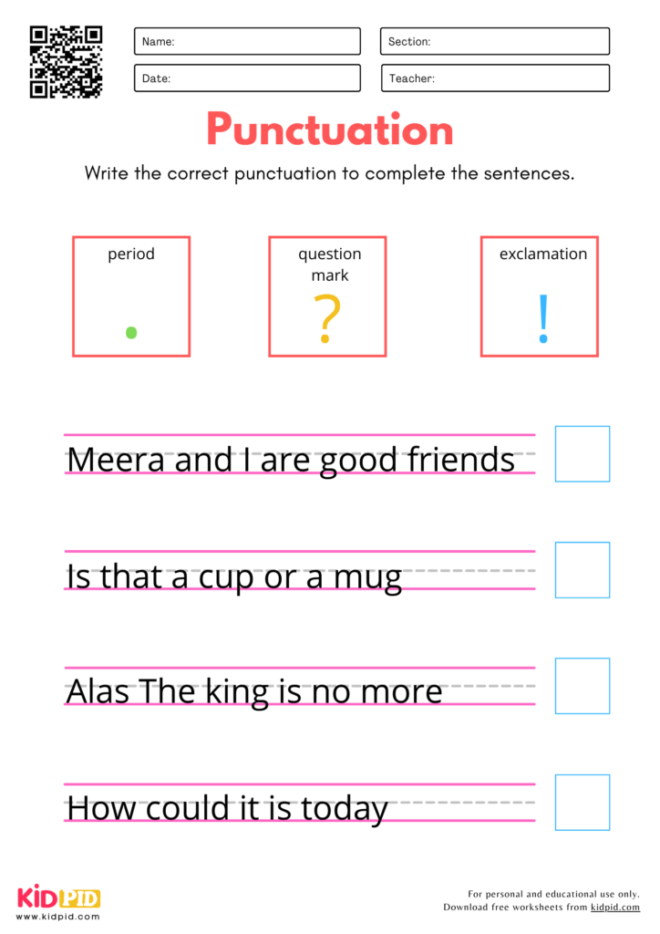 Punctuation Practice Worksheet for Kindergarten - Kidpid