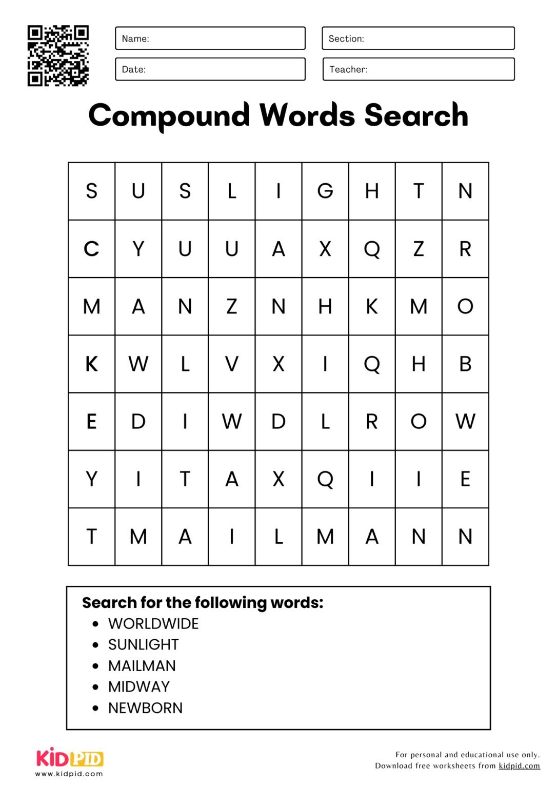 Search the Compound Words Puzzle Worksheet for Grade 2 - Kidpid