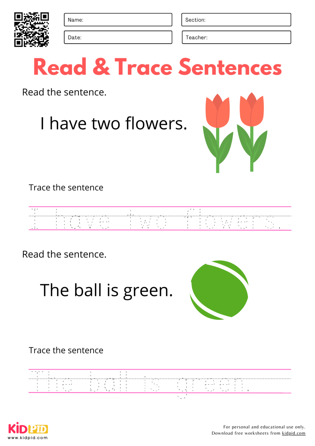 Sentence Tracing Practice Worksheet for Kindergarten - Kidpid