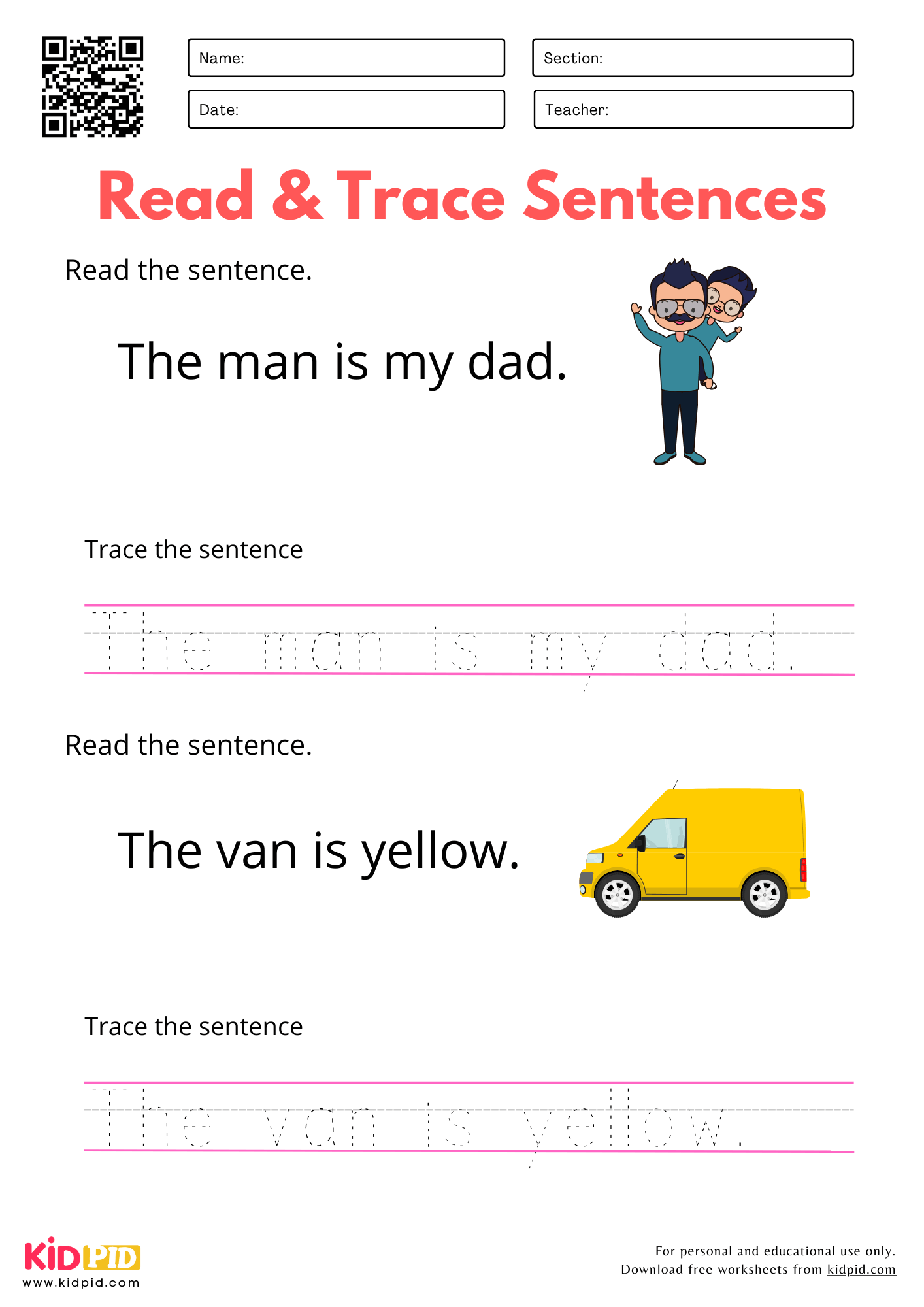 Sentence Tracing Practice Worksheet for Kindergarten - Kidpid