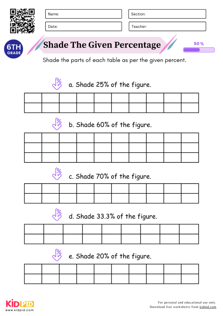 Shade the Given Percentage Worksheet for Grade 6 - Kidpid