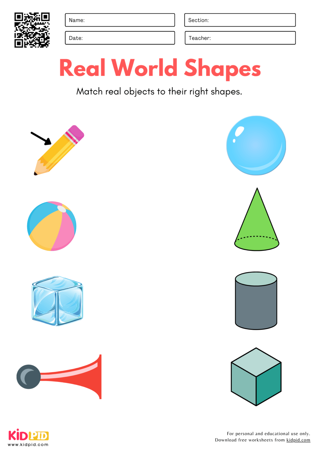 Shape and Real Object Matching Practice Worksheet for Kindergarten - Kidpid