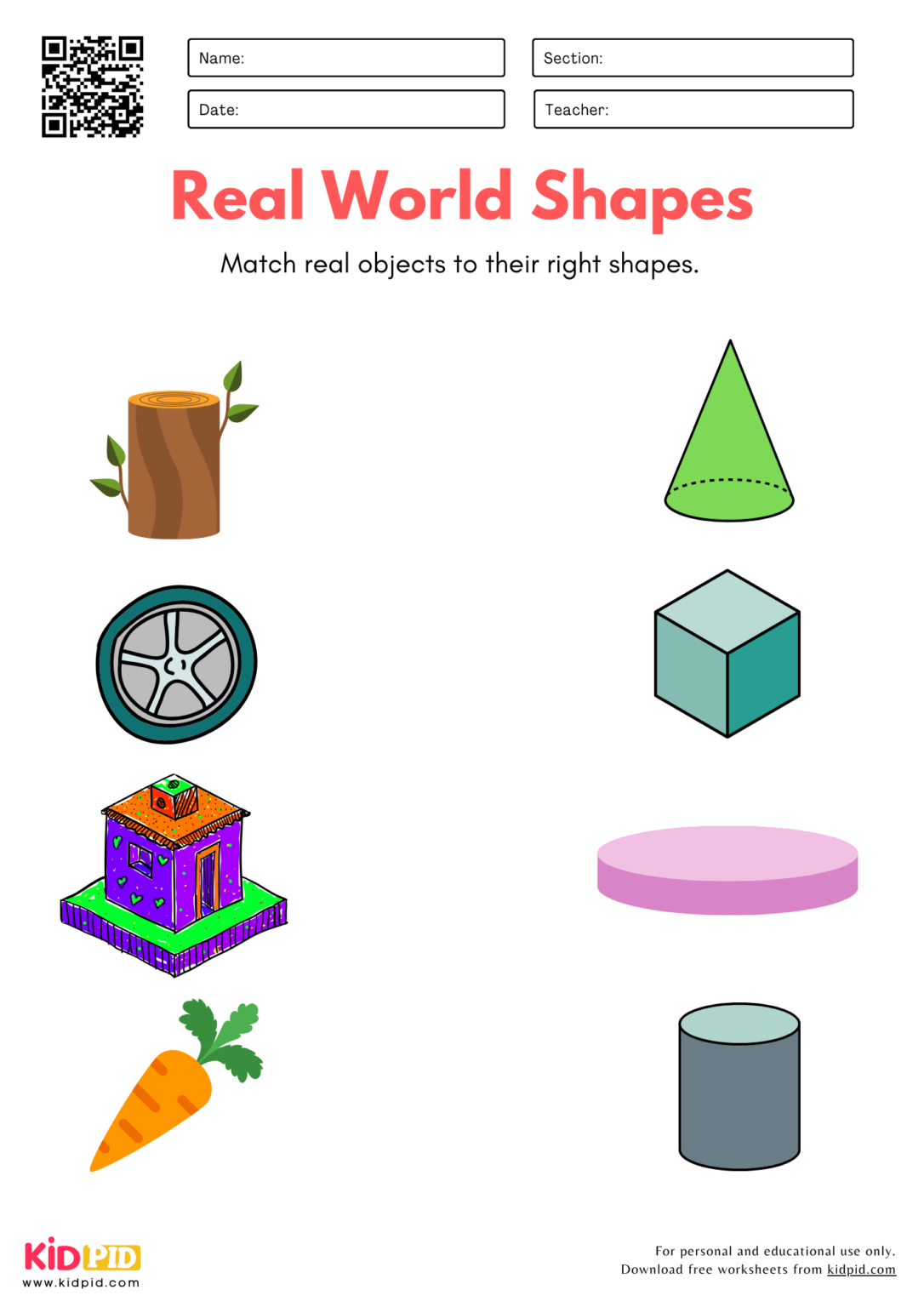 Shape and Real Object Matching Practice Worksheet for Kindergarten - Kidpid
