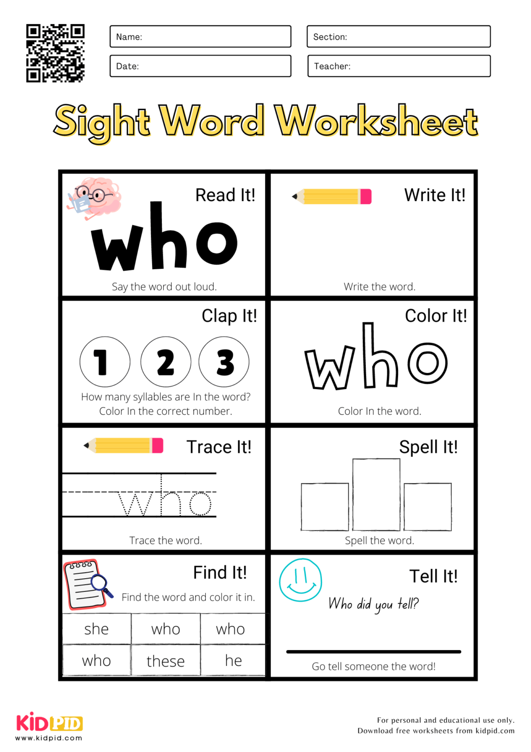 Sight Word Worksheets For Kindergarten - Kidpid