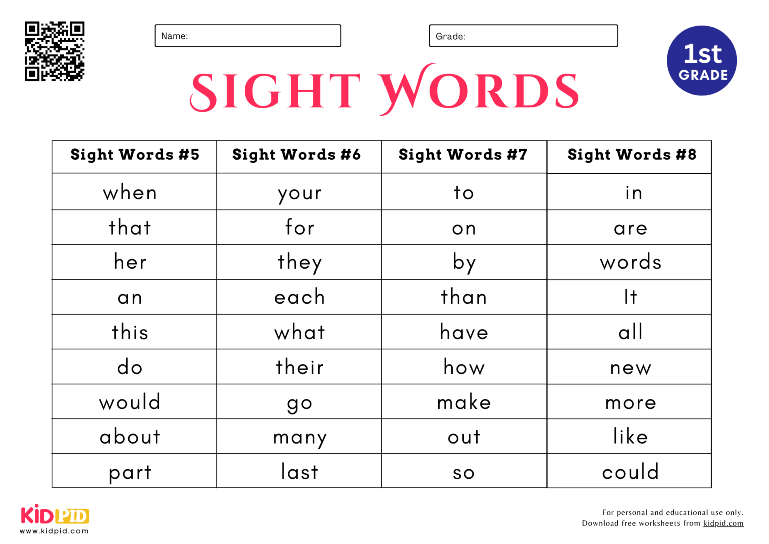 Sight Words Spelling List Worksheet For Grade 1 - Kidpid