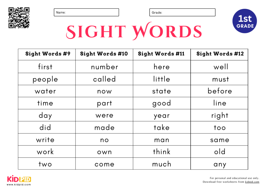 Sight Words Spelling List Worksheet For Grade 1 - Kidpid