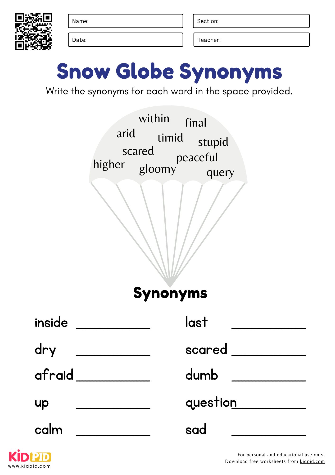 Snow Globe Synonyms Worksheets For Grade 2 - Kidpid