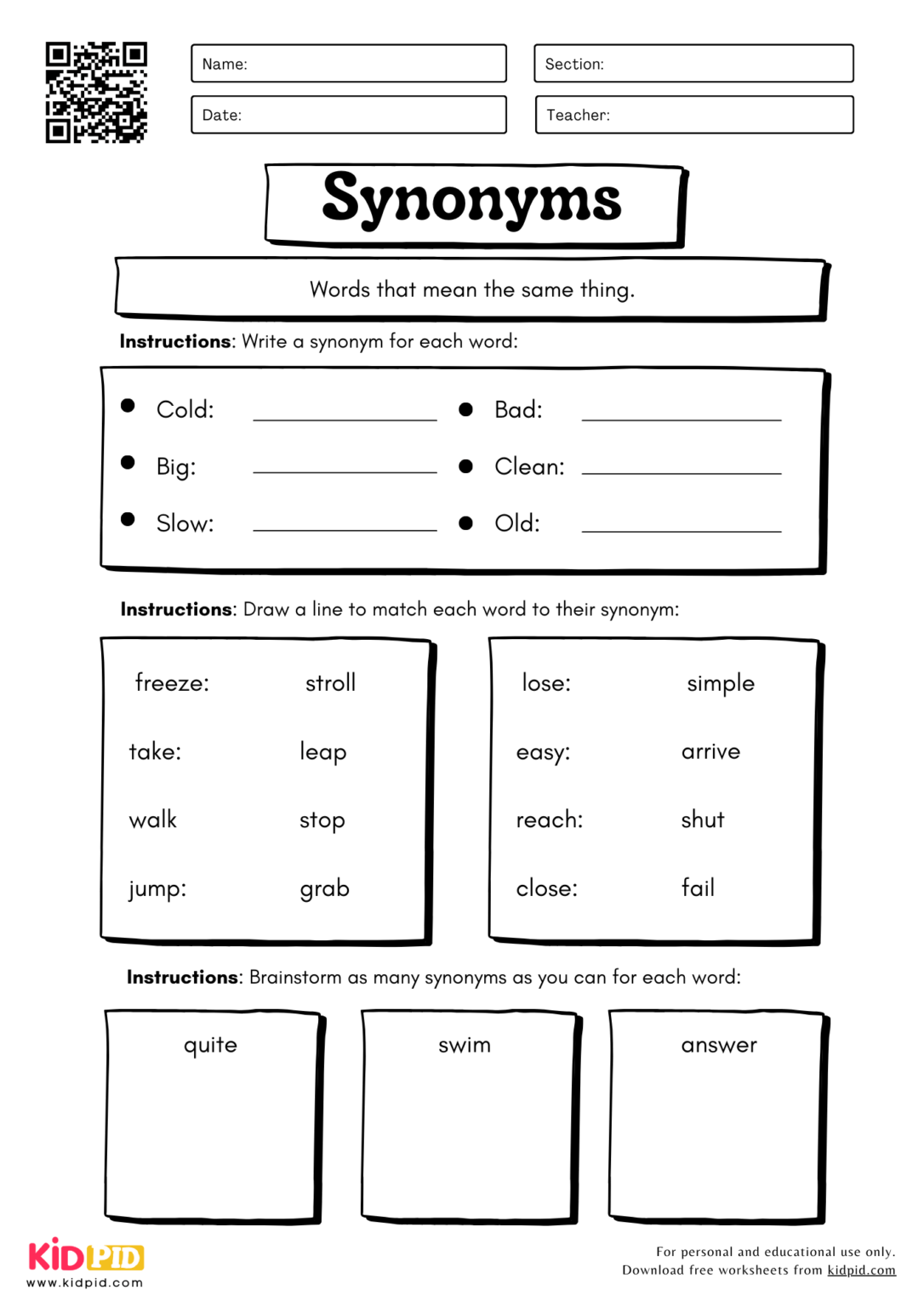 Synonyms Worksheets For Grade 2 - Kidpid