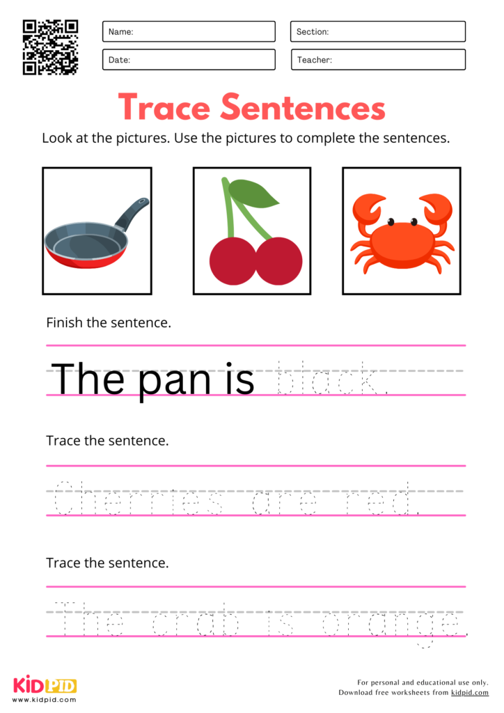 Trace Sentence with Pictures Worksheet for Kindergarten - Kidpid