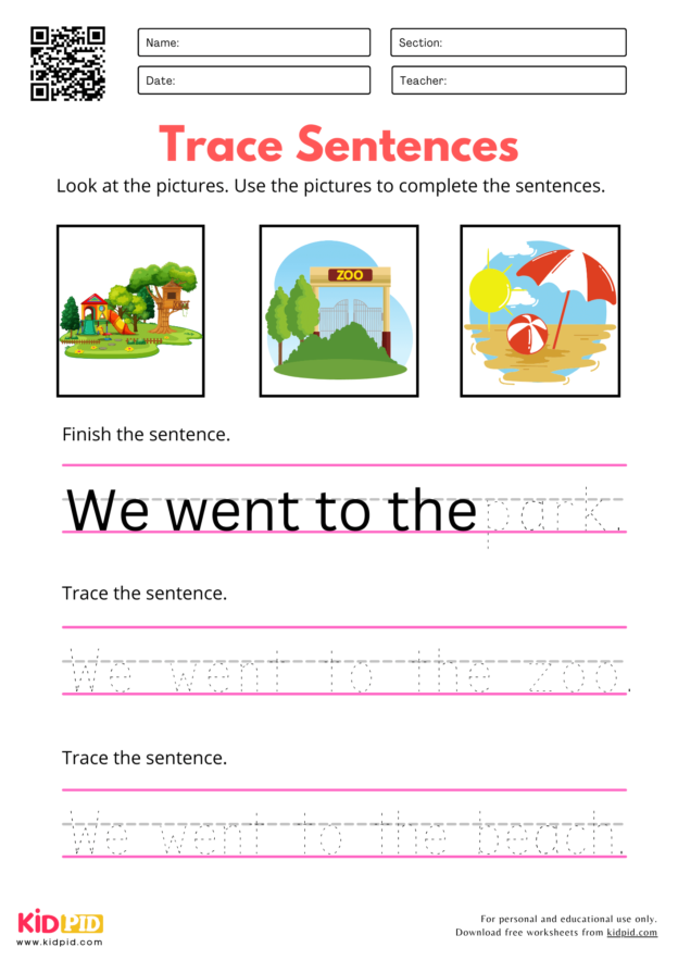 Trace Sentence with Pictures Worksheet for Kindergarten - Kidpid