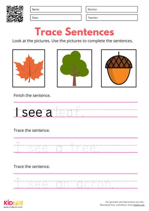 Trace Sentence with Pictures Worksheet for Kindergarten - Kidpid
