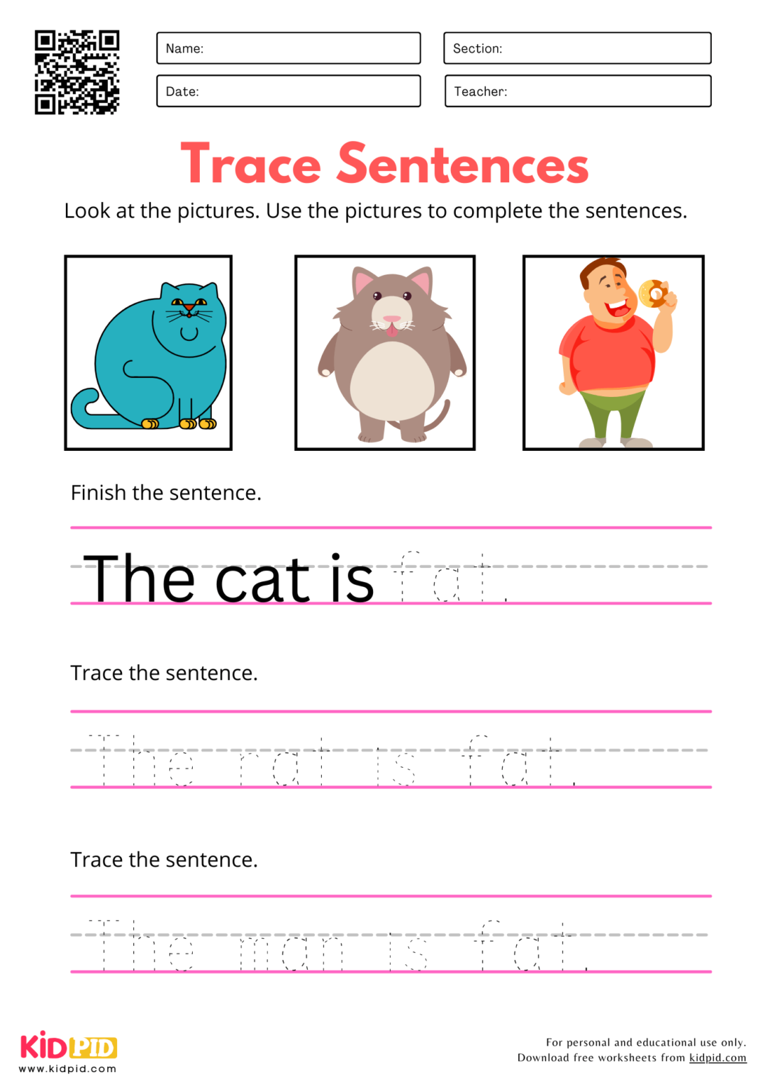 Trace Sentence with Pictures Worksheet for Kindergarten - Kidpid