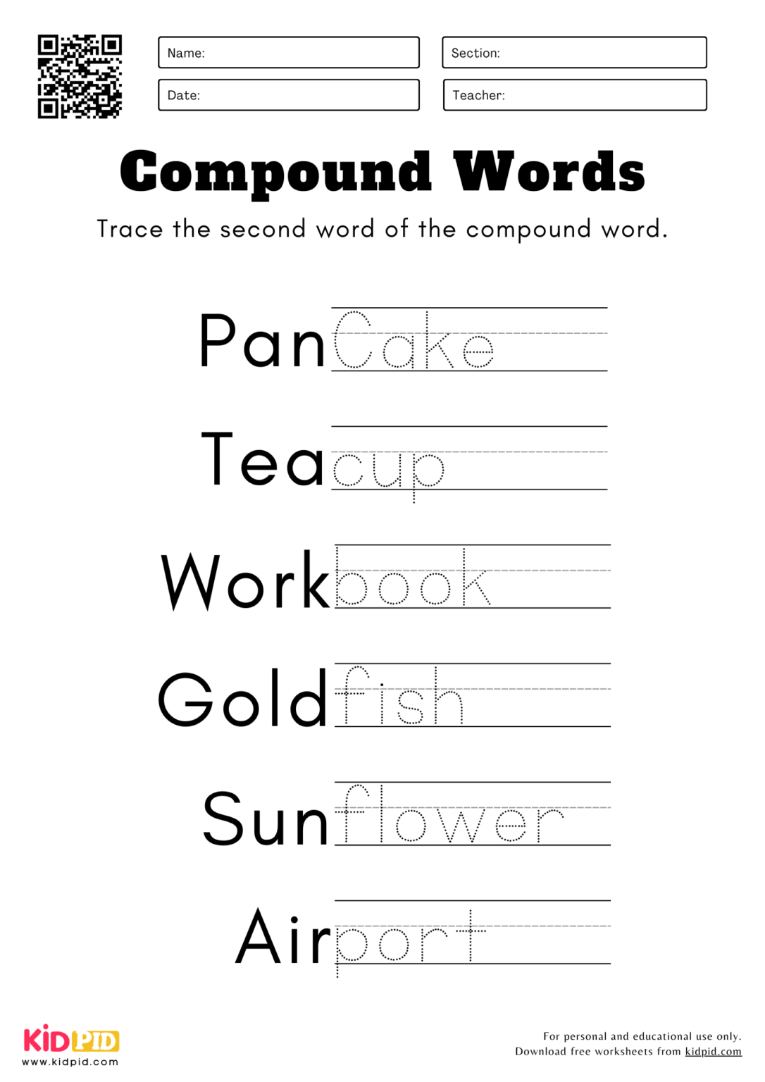 Trace the Compound Words Worksheet for Kindergarten - Kidpid