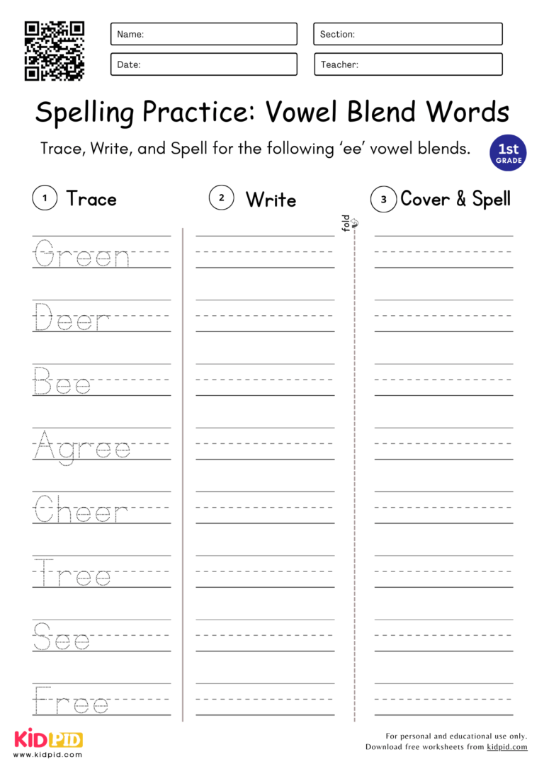 Vowel Blend Words Worksheet for Grade 1 - Kidpid