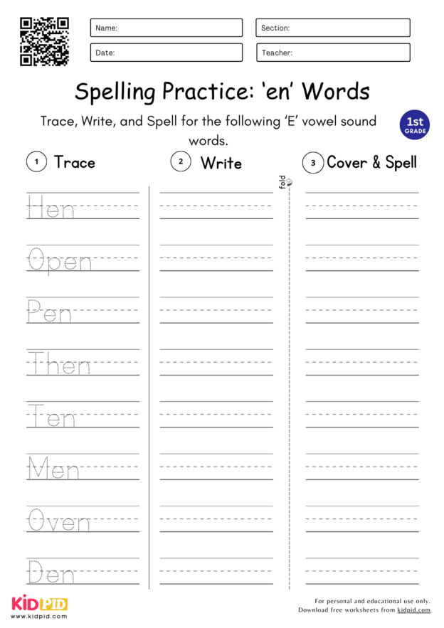 Vowel 'E' Sound Words Worksheet for Grade 1 - Kidpid