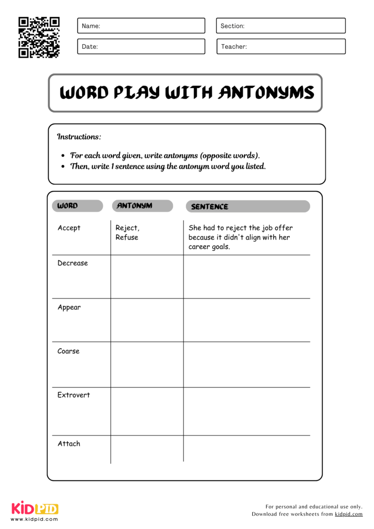 Word Play with Antonyms Worksheets For Grade 5 - Kidpid