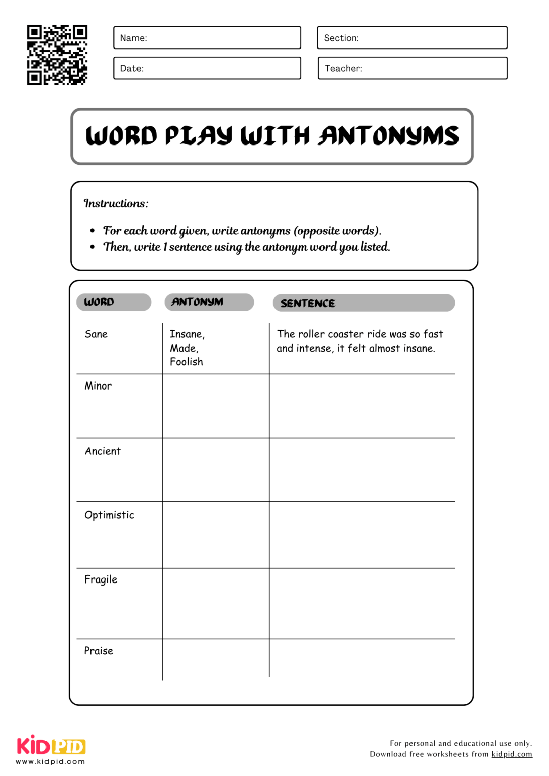 Word Play with Antonyms Worksheets For Grade 5 - Kidpid