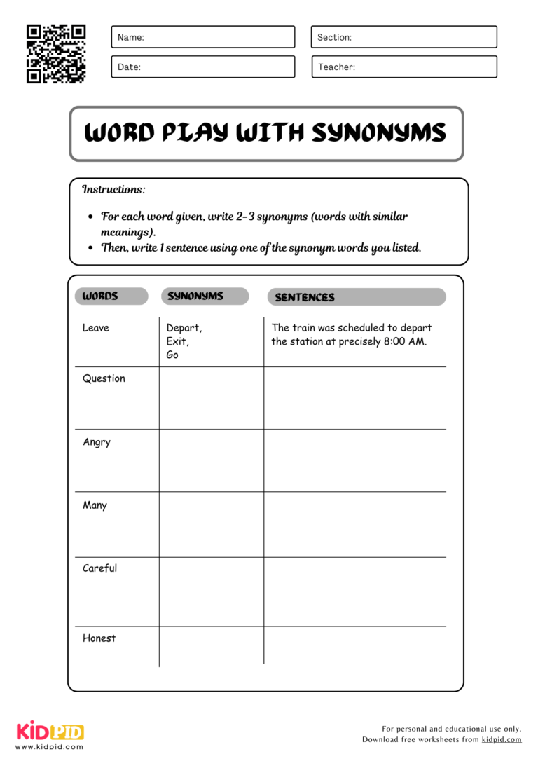 Word Play with Synonyms Worksheets For Grade 5 - Kidpid