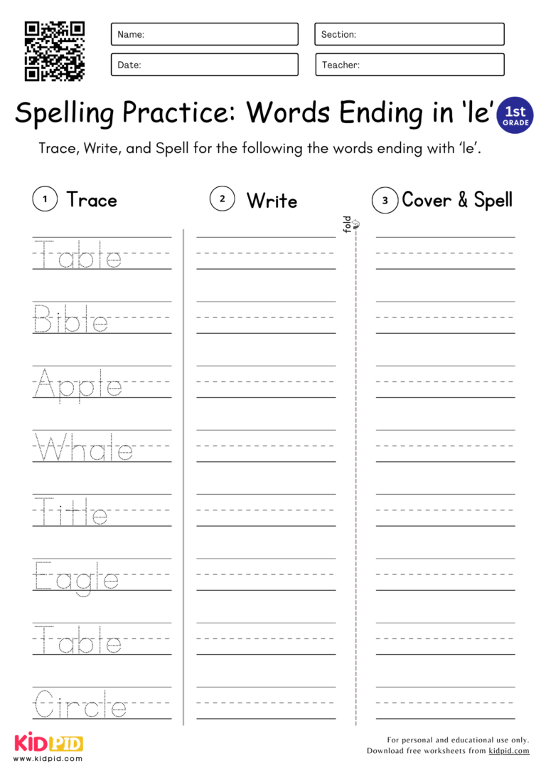 Words Ending in 'le' Worksheet for Grade 1 - Kidpid