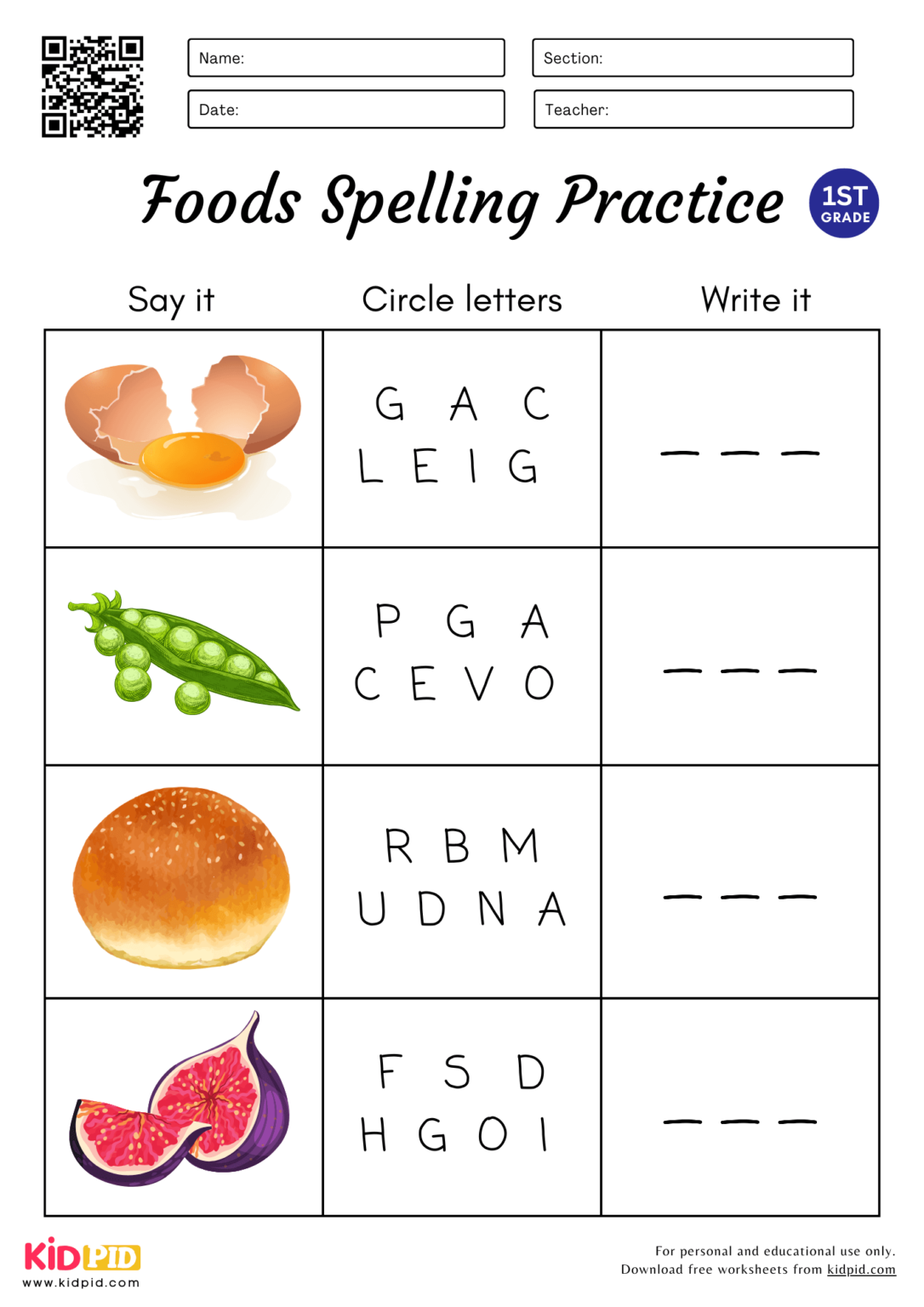3 Letters Foods Spelling Practice Worksheet for Grade 1 - Kidpid