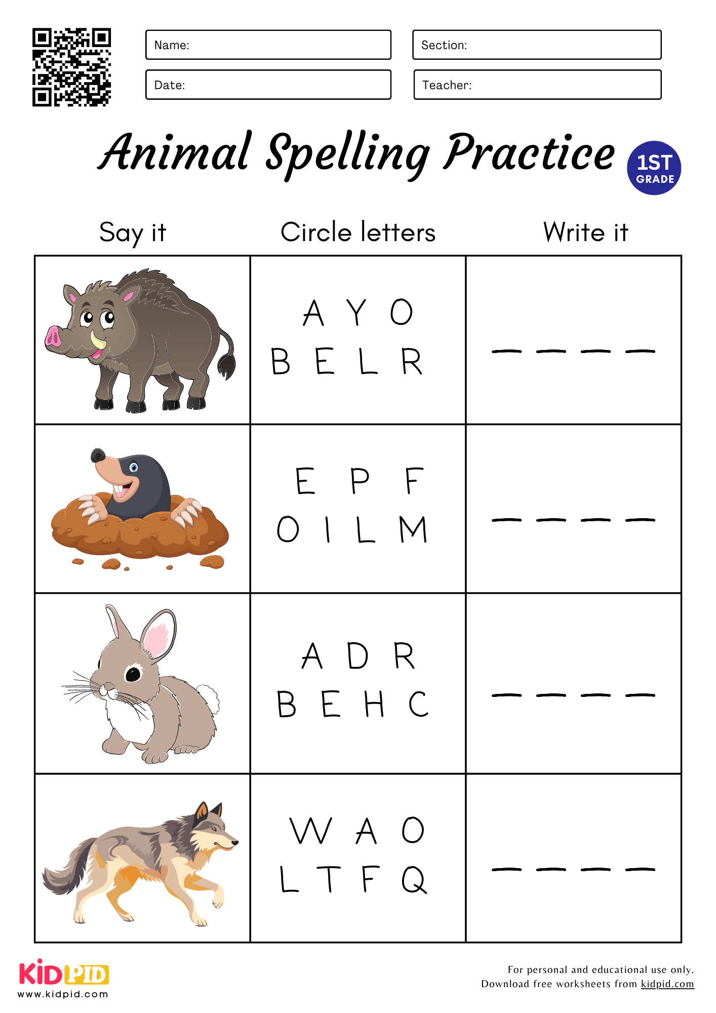 4 Letters Animal Spelling Circle & Write Worksheet for Grade 1 - Kidpid
