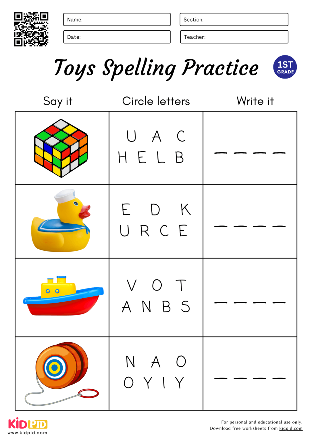 4 Letters Toys Spelling Circle & Write Worksheet for Grade 1 - Kidpid