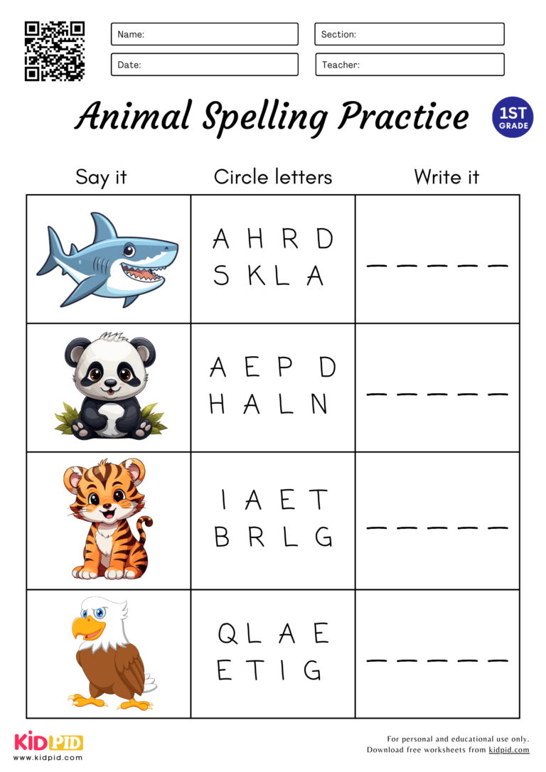 5 Letters Animal Spelling Circle & Write Worksheet for Grade 1 - Kidpid