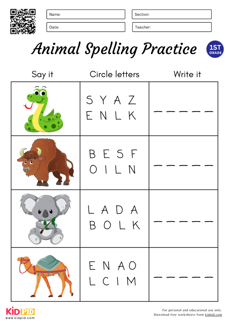 5 Letters Animal Spelling Circle & Write Worksheet for Grade 1 - Kidpid