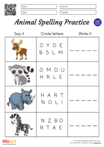 5 Letters Animal Spelling Circle & Write Worksheet for Grade 1 - Kidpid