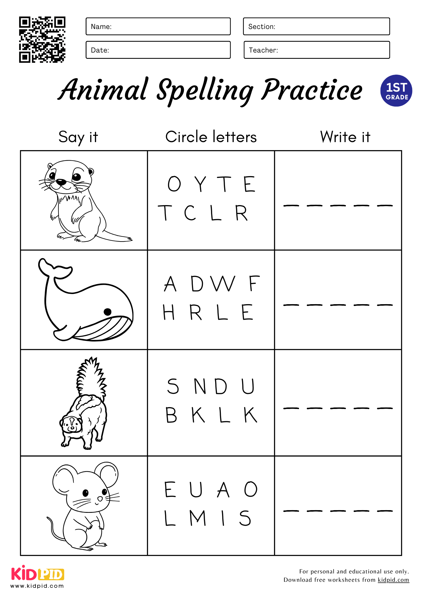 5 Letters Animal Spelling Circle & Write Worksheet for Grade 1 (Black ...