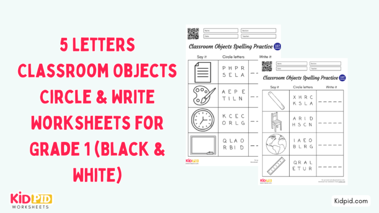 5 Letters Classroom Objects Circle & Write Worksheet for Grade 1 (Black ...
