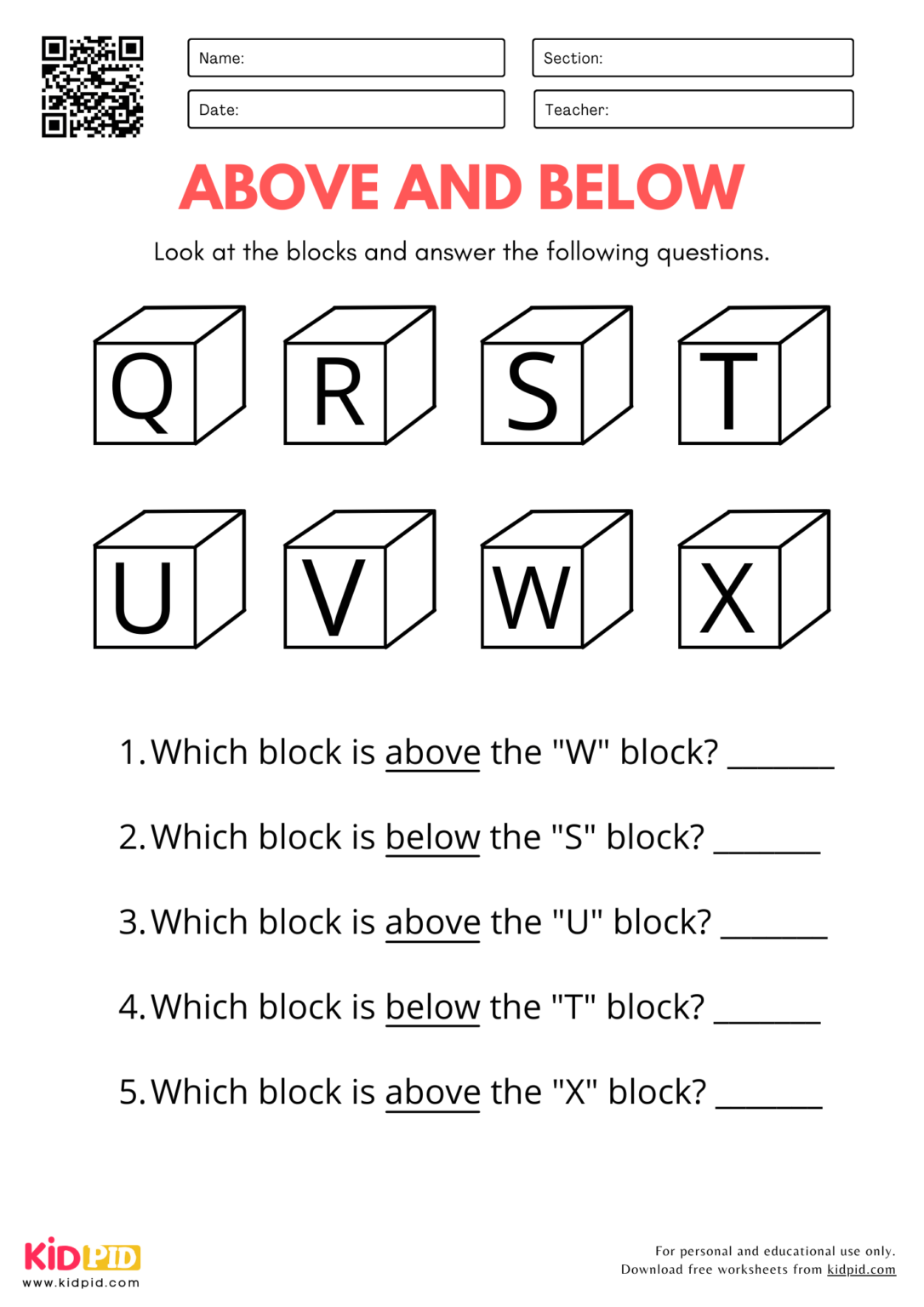 Above and Below Position Worksheet for Kindergarten - Kidpid