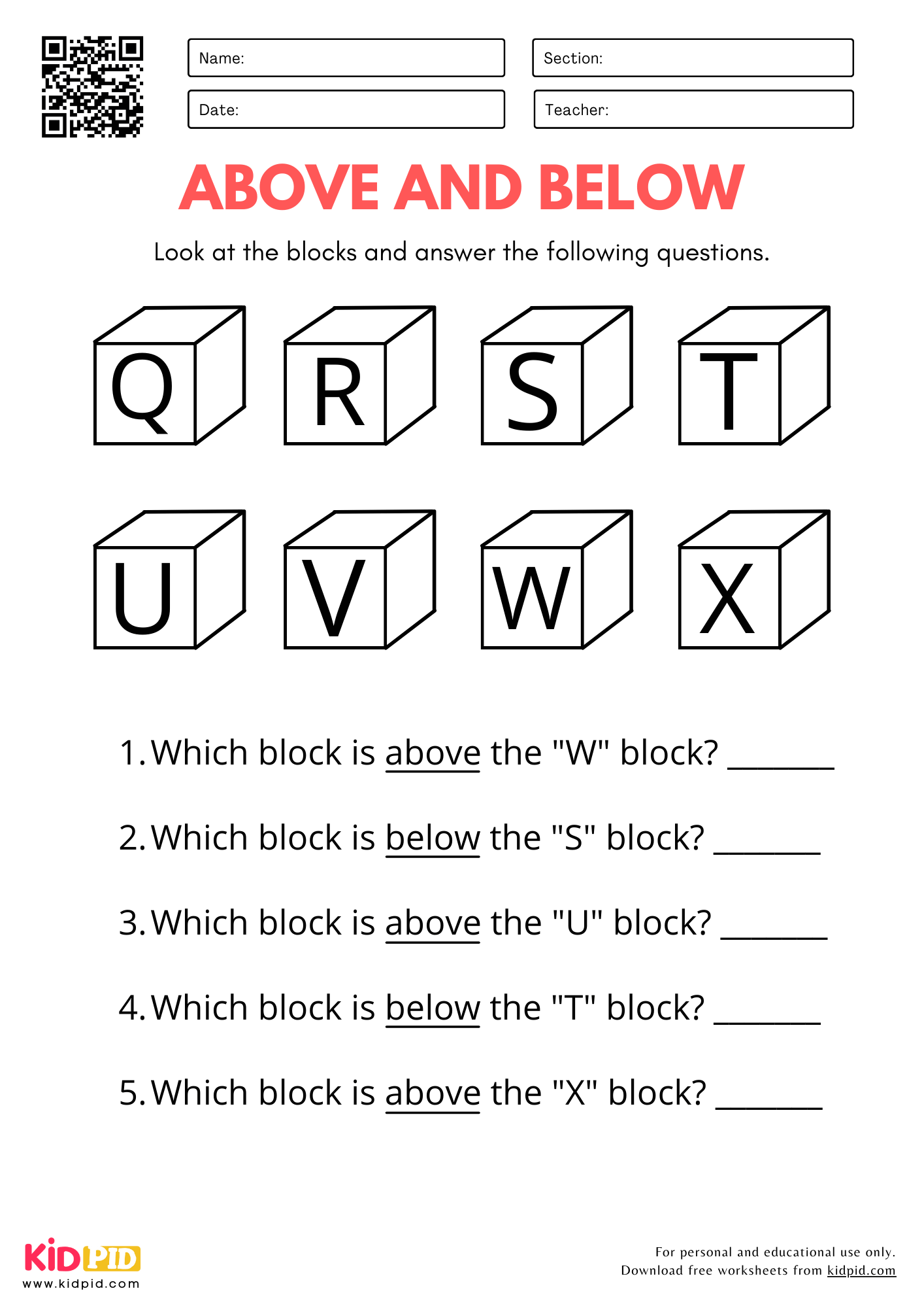 Above and Below Position Worksheet for Kindergarten - Kidpid