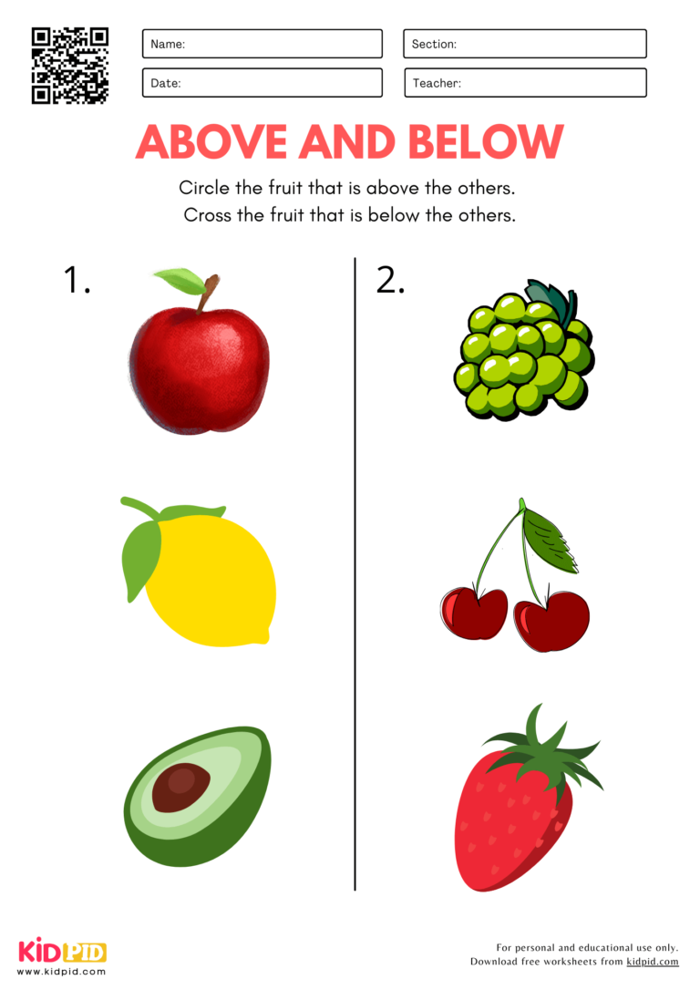 Above and Below Position Worksheet for Kindergarten - Kidpid