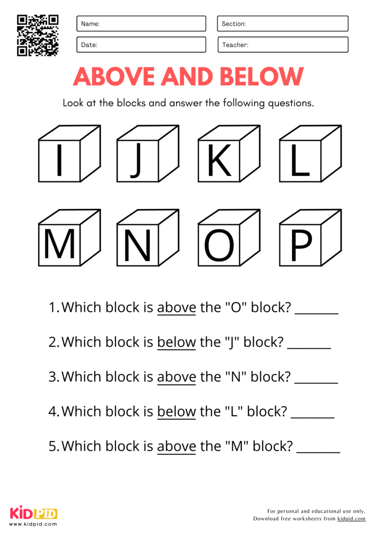 Above and Below Position Worksheet for Kindergarten - Kidpid
