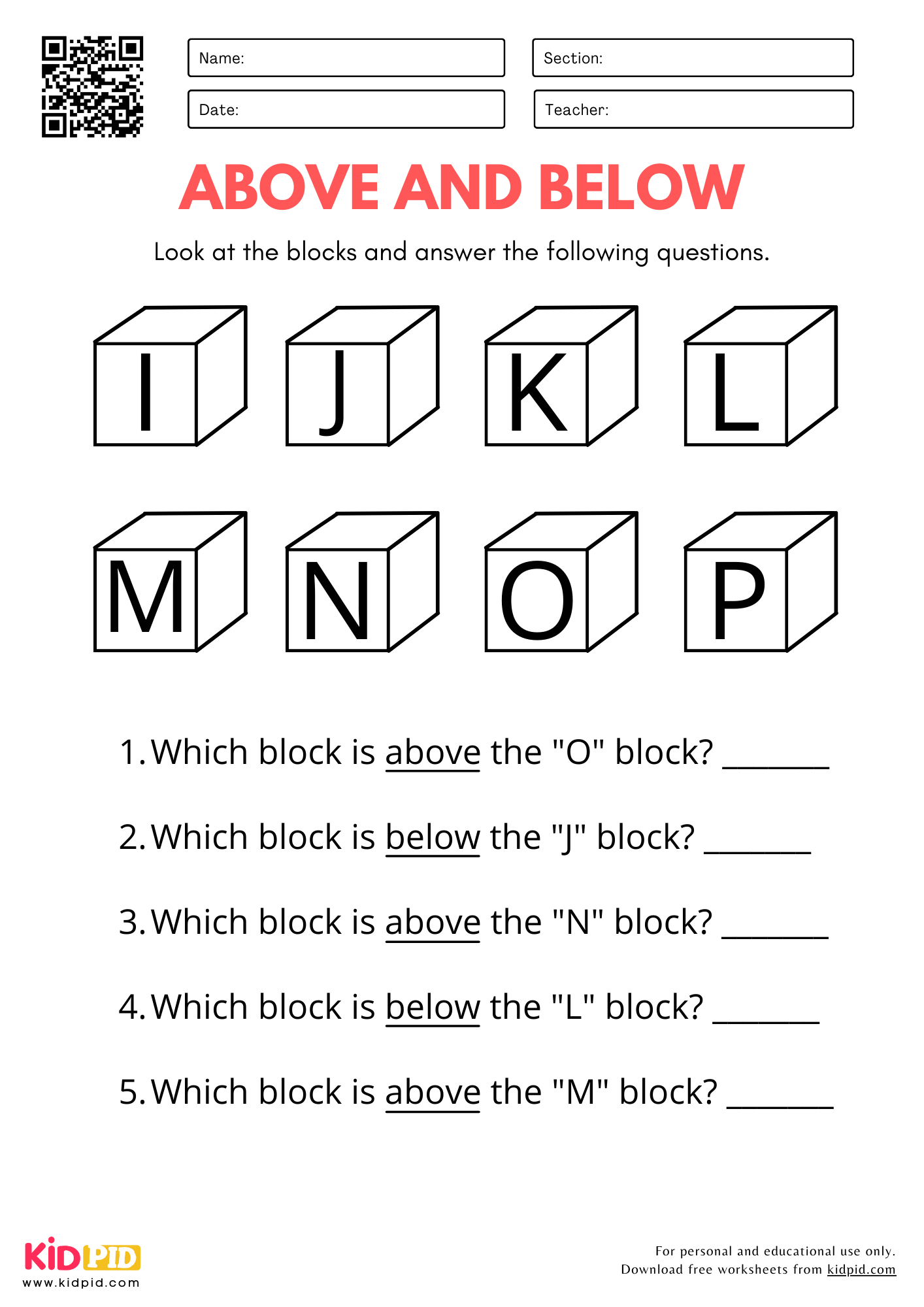 Above and Below Position Worksheet for Kindergarten - Kidpid