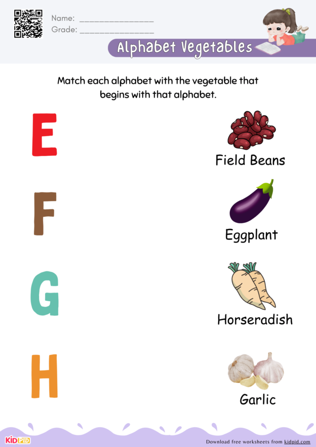 Alphabet Vegetables Matching Worksheet For Preschool - Kidpid