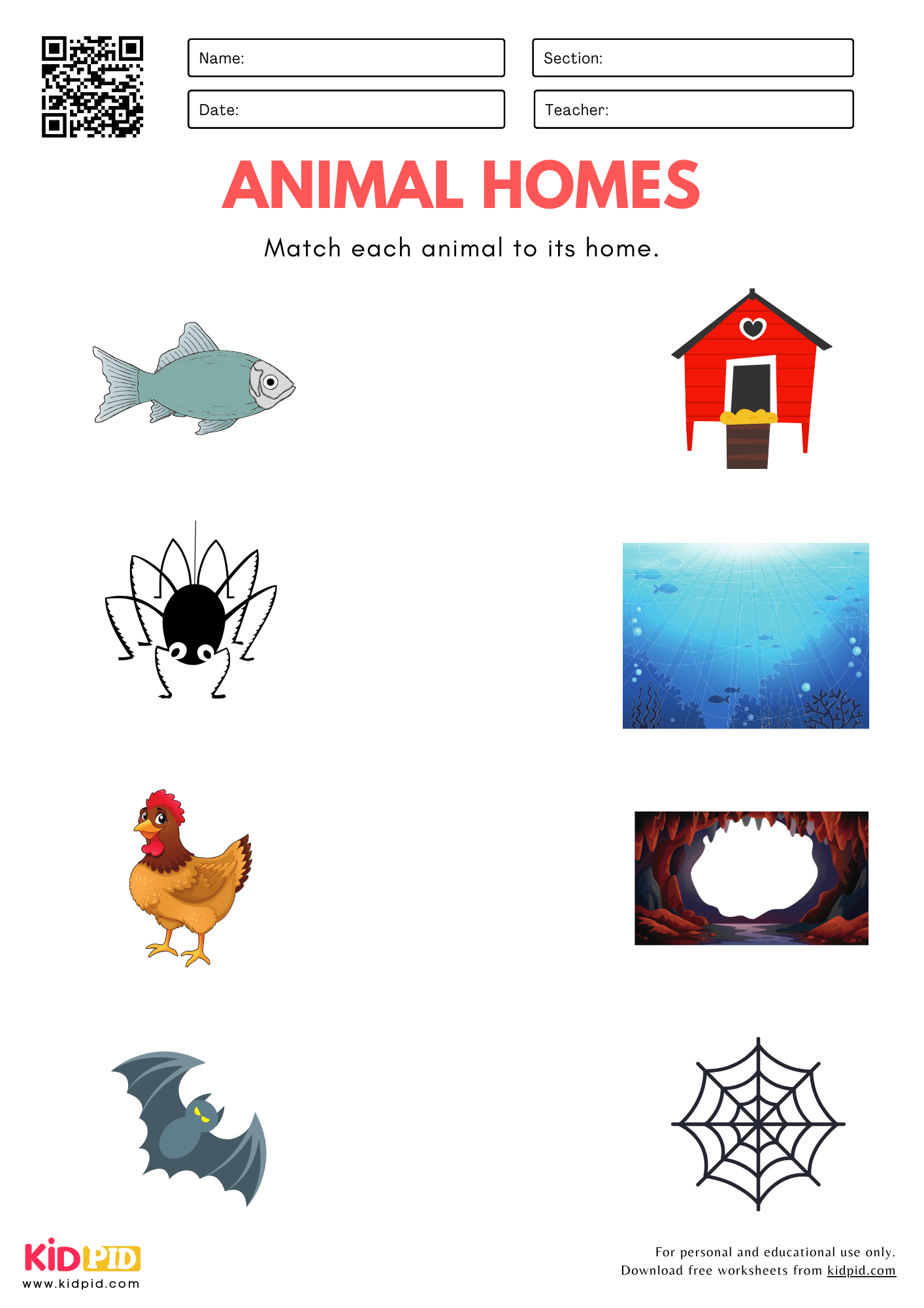 Animal Homes Matching Worksheet for Kindergarten - Kidpid