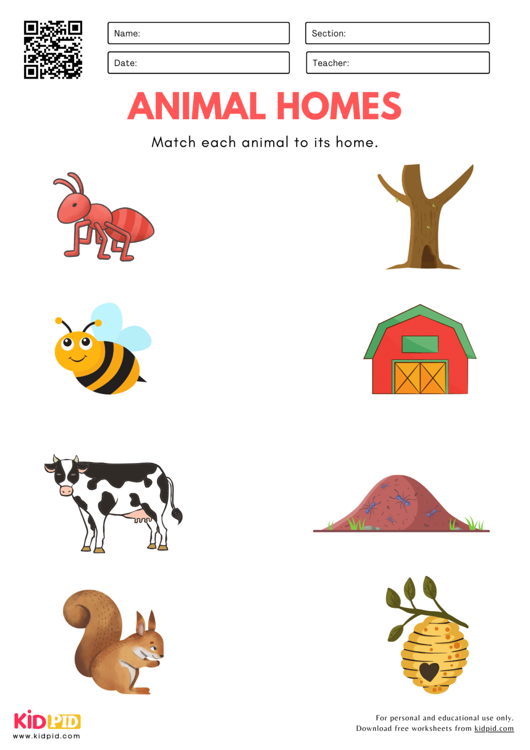 Animal Homes Matching Worksheet for Kindergarten - Kidpid