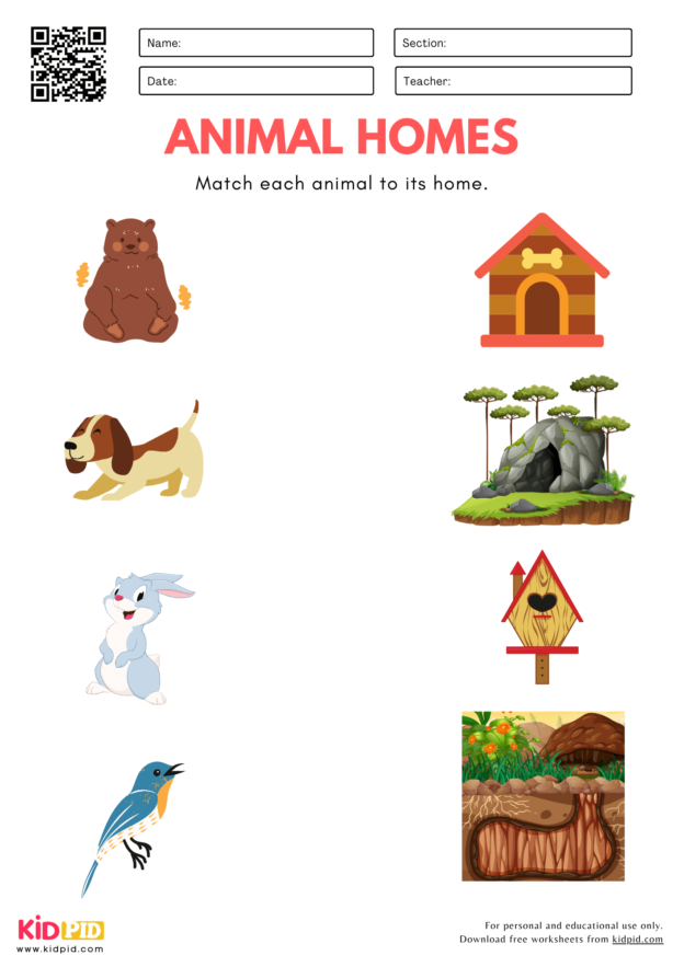 Animal Homes Matching Worksheet for Kindergarten - Kidpid