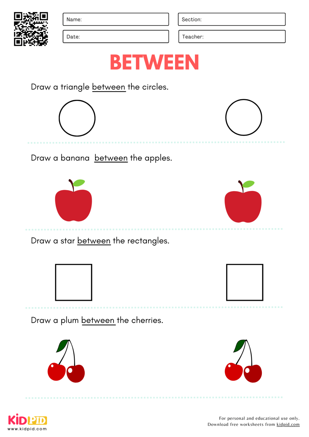 Between Position Worksheet for Kindergarten - Kidpid