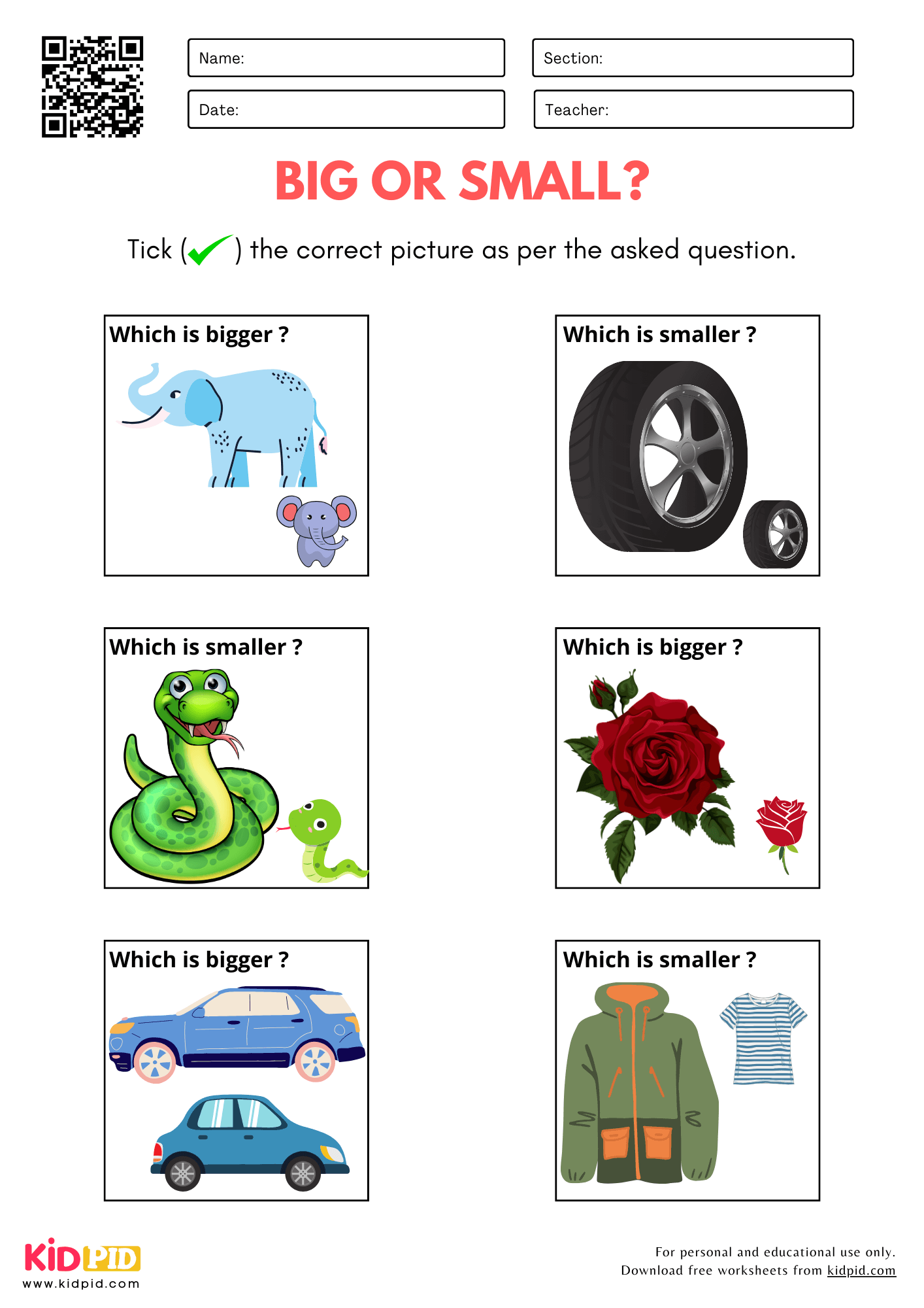 Big or Small Size Comparison Worksheet for Kindergarten - Kidpid