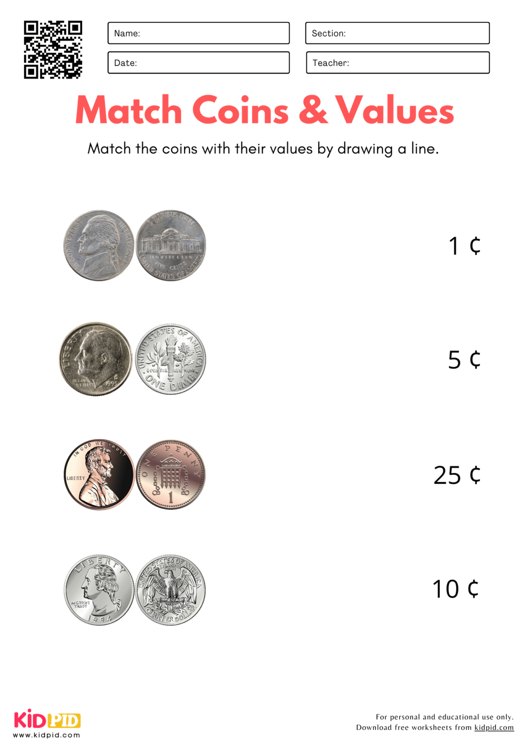 Coin Identification Practice Worksheet for Kindergarten - Kidpid