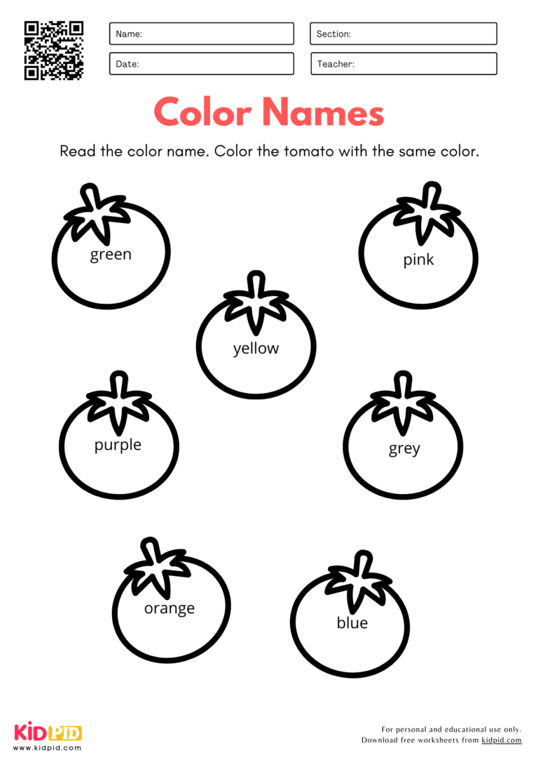Color Names Worksheet for Kindergarten - Kidpid