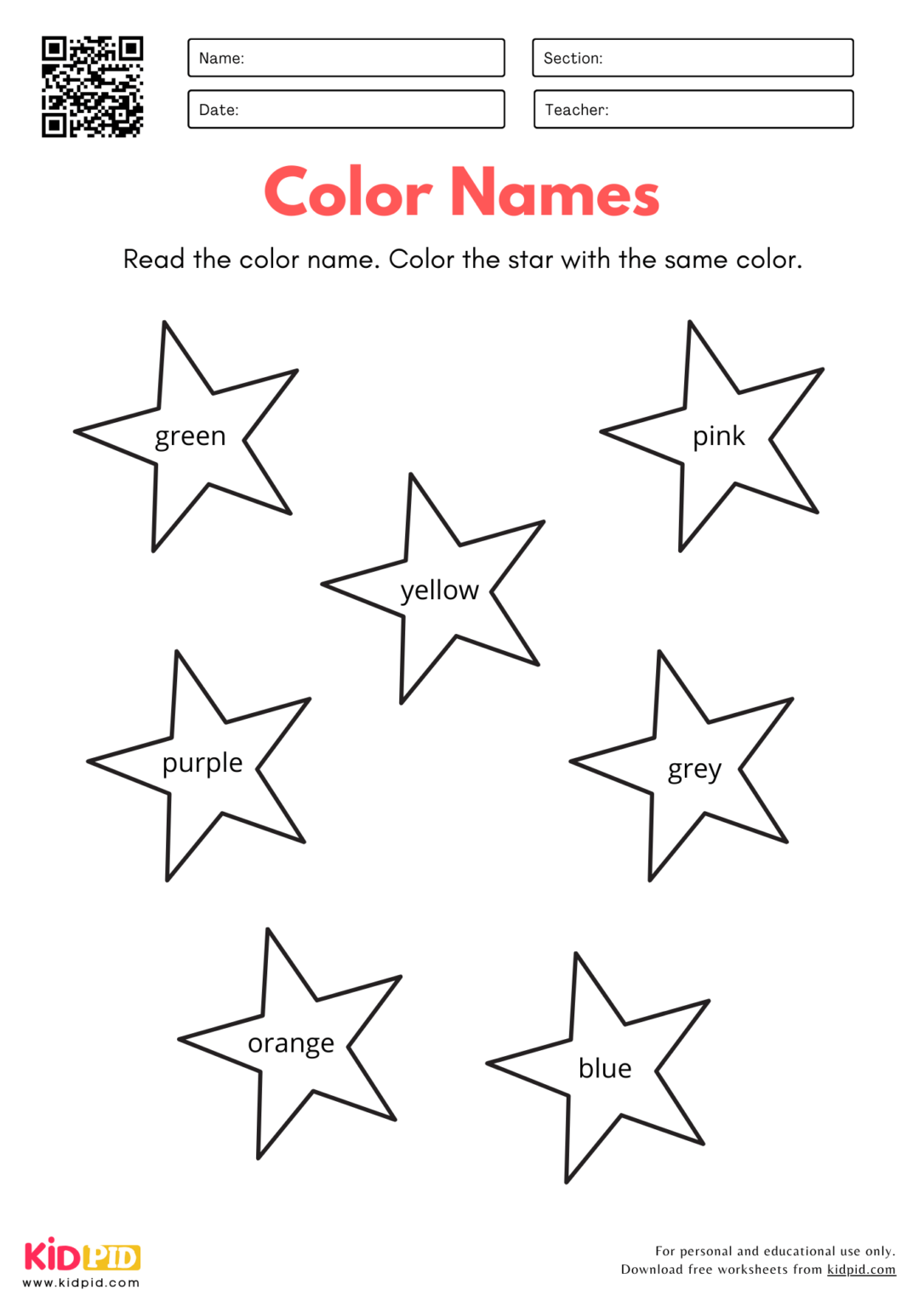 Color Names Worksheet for Kindergarten - Kidpid