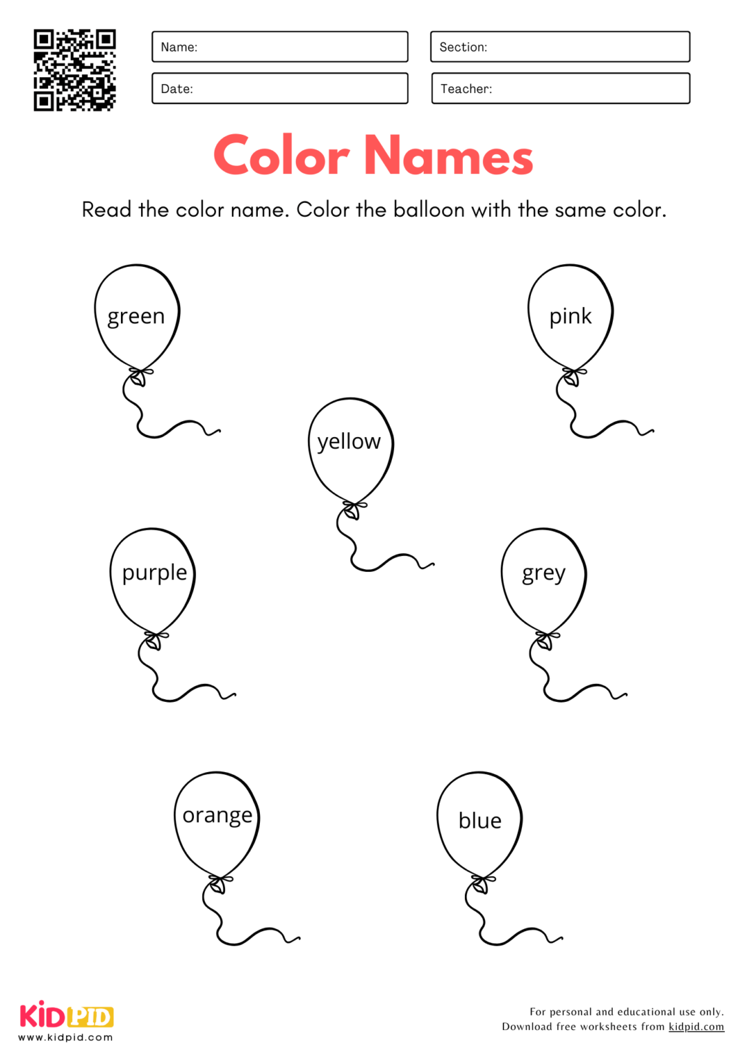 Color Names Worksheet for Kindergarten - Kidpid
